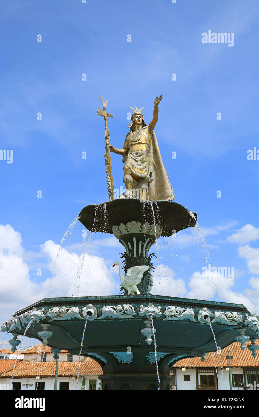 Statue of the Incas King Pachacutec on the Fountain at Plaza de Armas ...