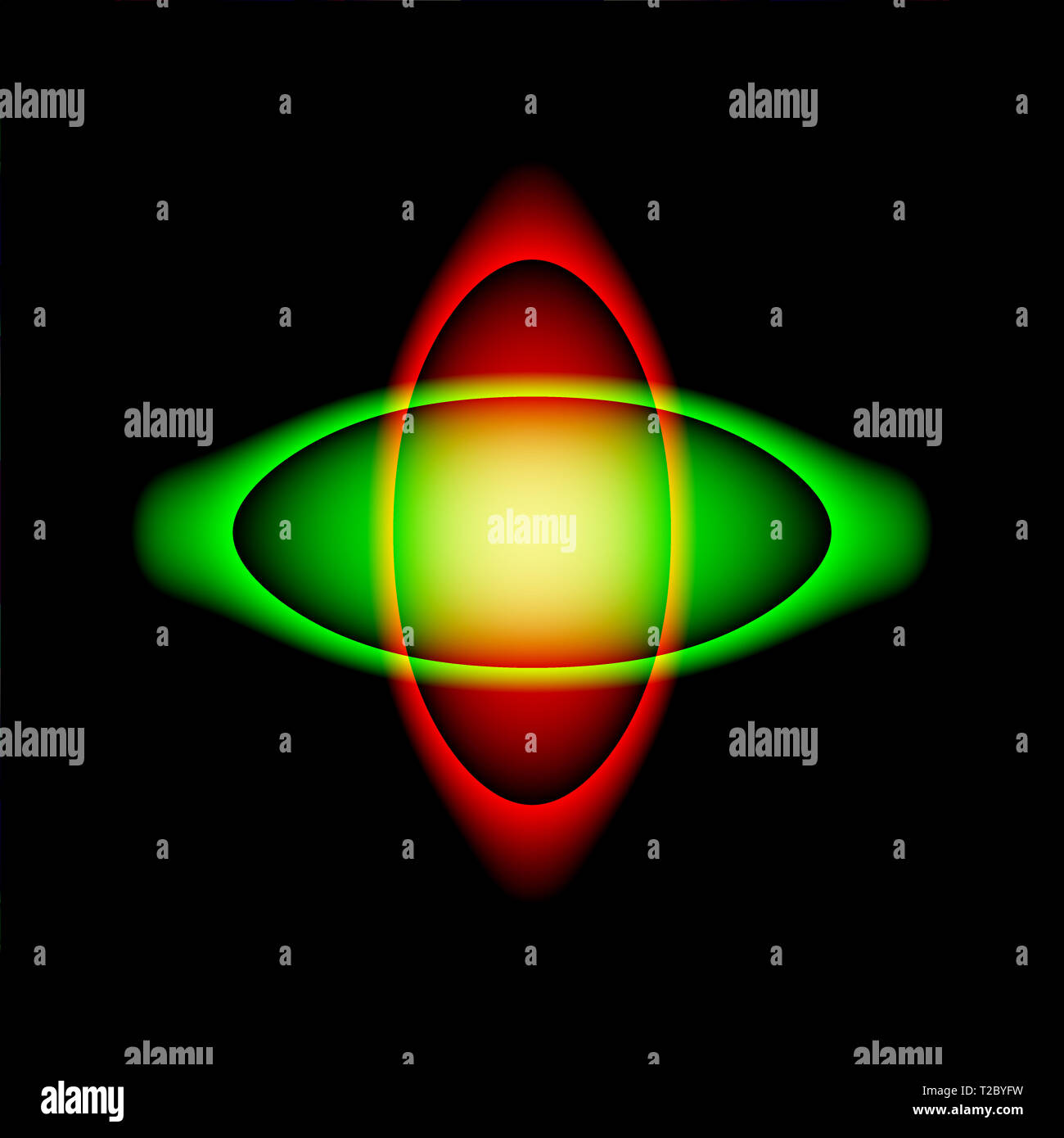Crossing ellipses of red and green colors. The backgound is black and ...