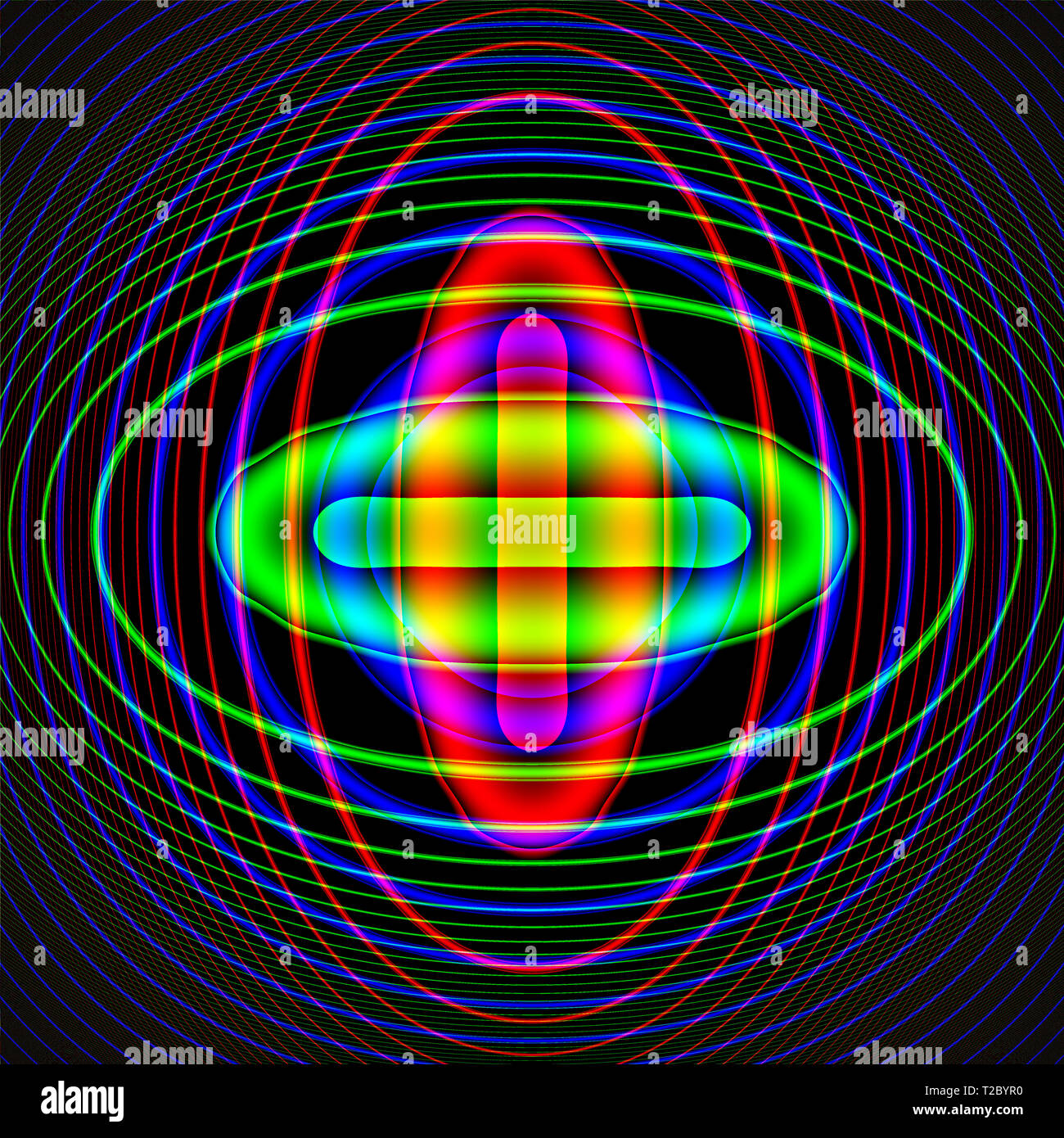 Crossing ellipses of red and green colors. The backgound is black and ...