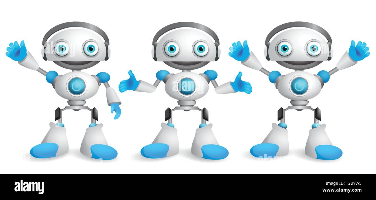 Friendly robots vector character set. Funny mascot robot design element for presentation with ...