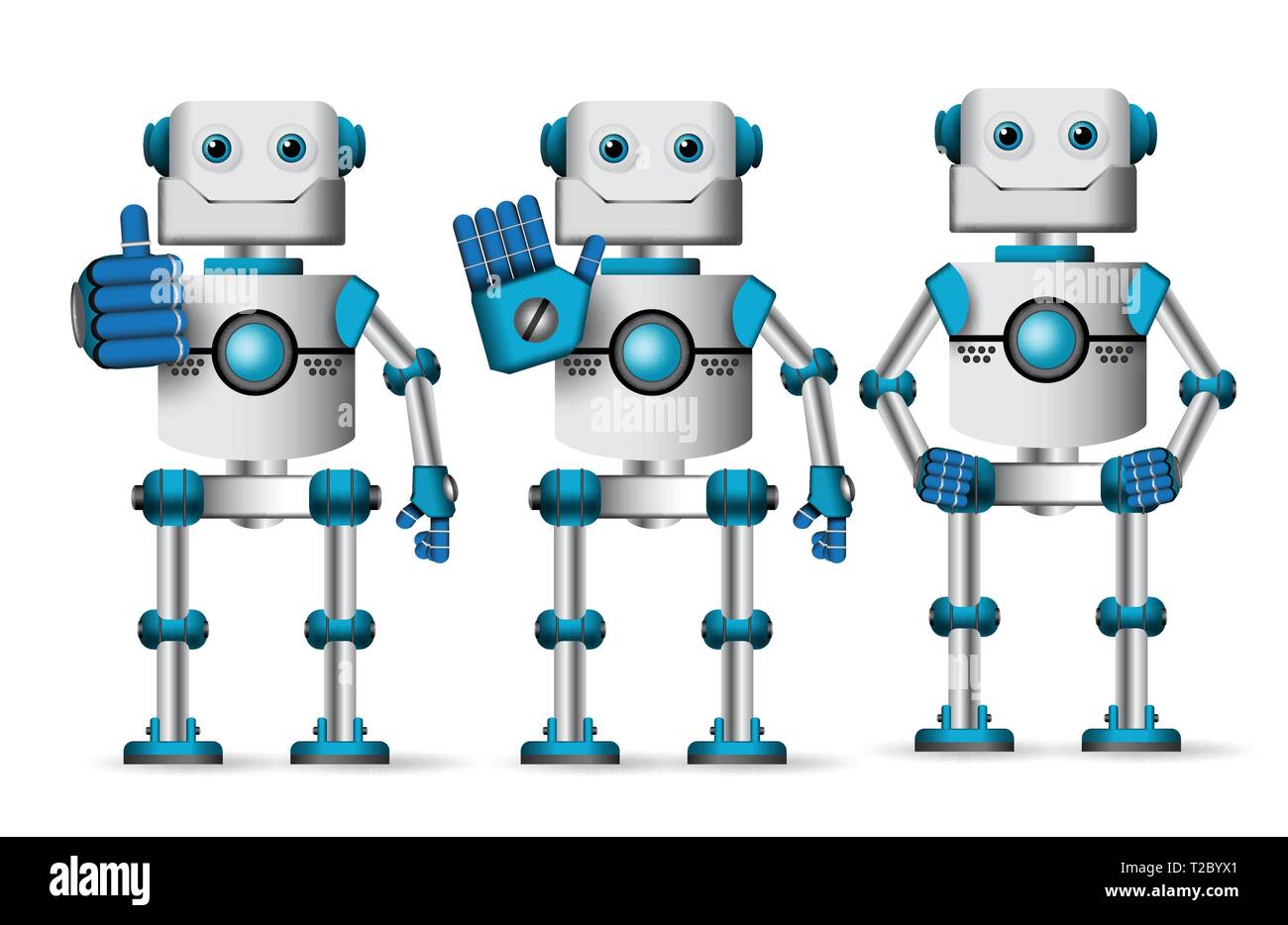 Robot vector characters set standing with different hand gestures like ...