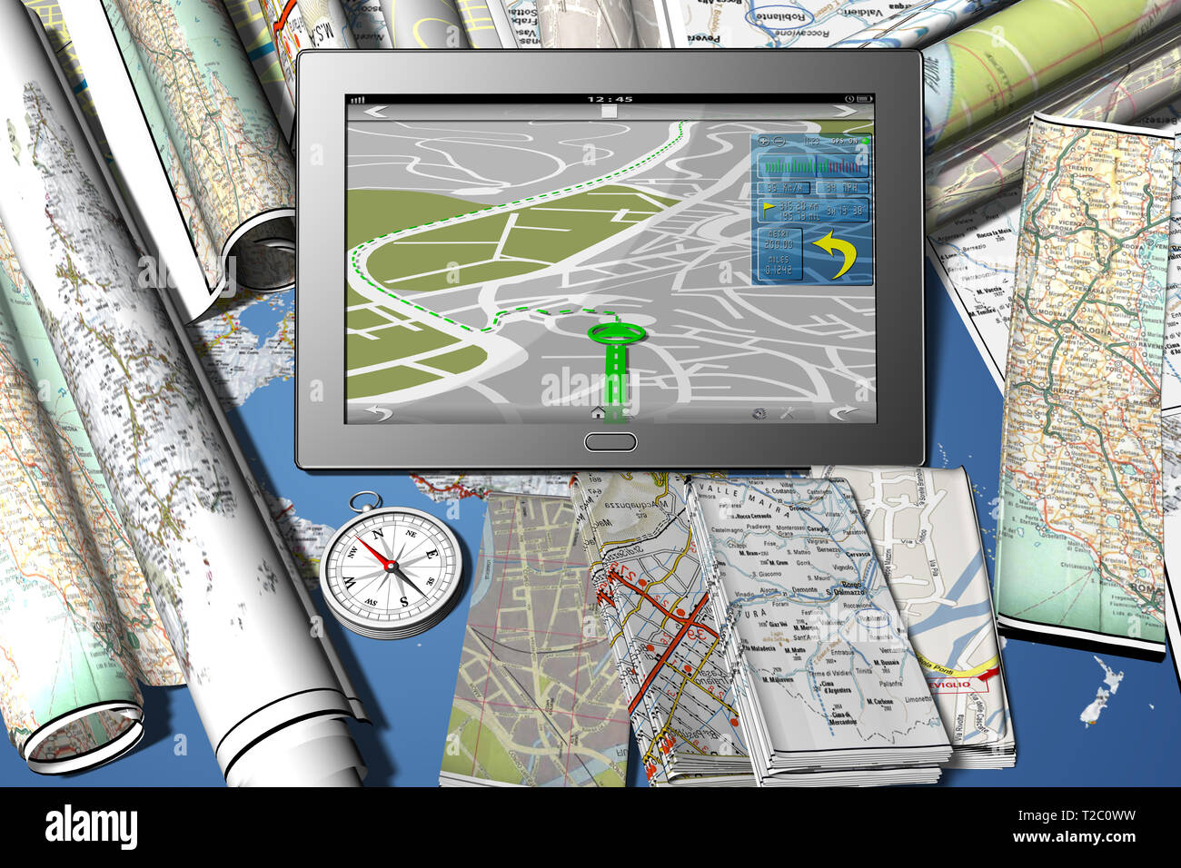 3D illustration. Tablet with navigation system application. Maps and ...