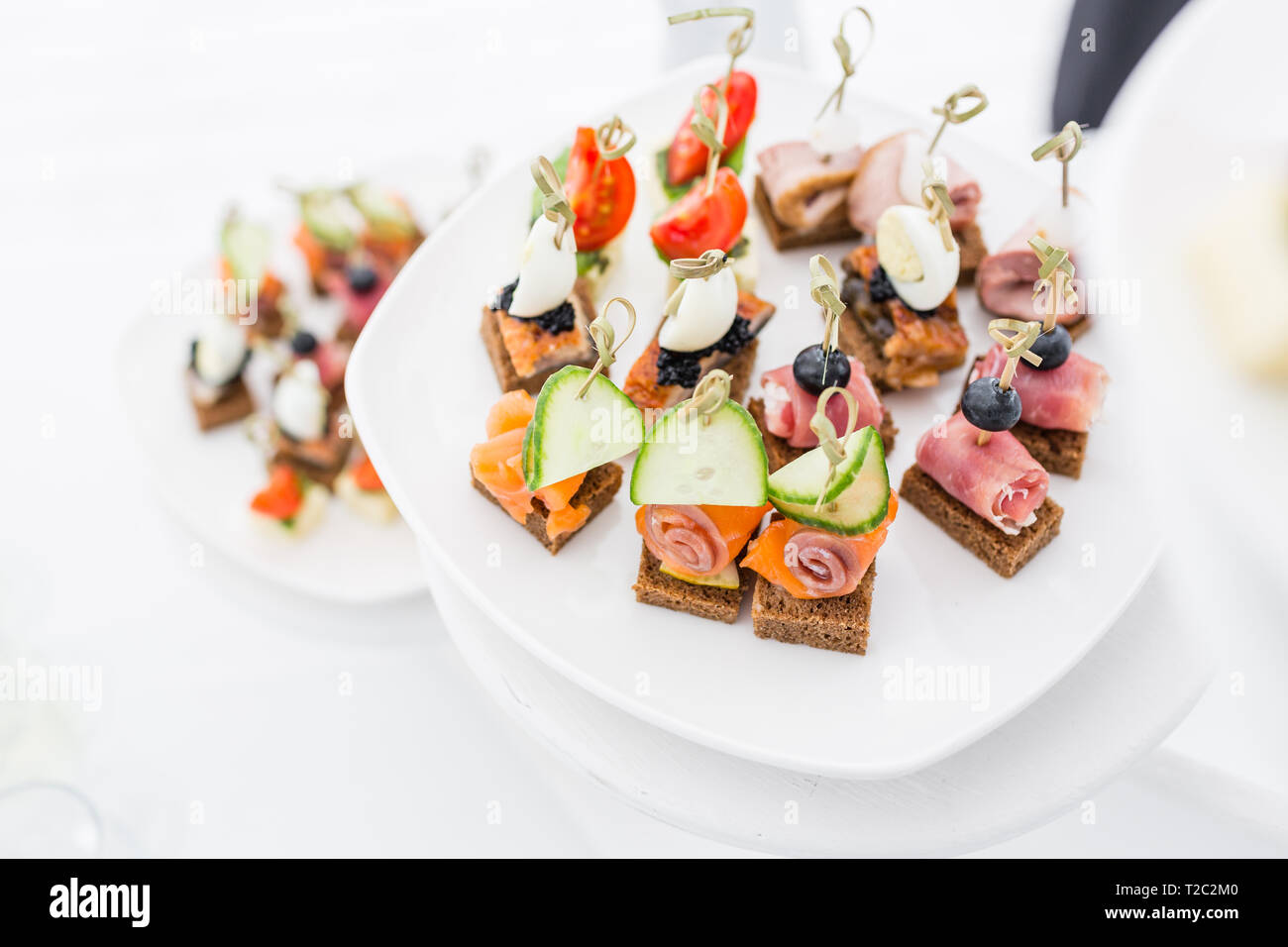 Buffet table. Assortment of canapes. Banquet service in restaurant ...
