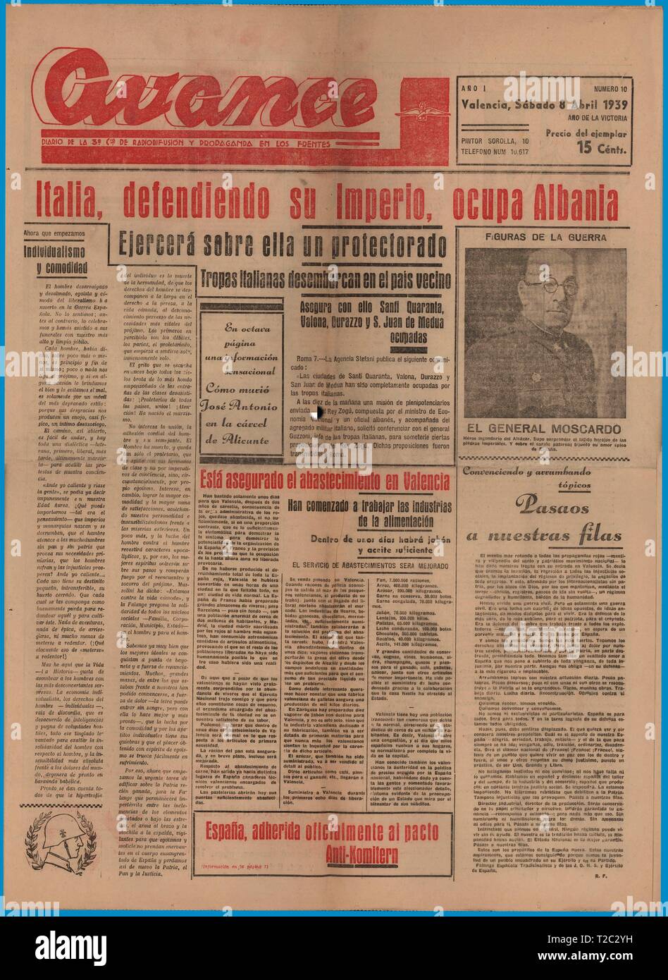 Portada del periódico Avance. Editado en Valencia, abril de 1939 Stock ...