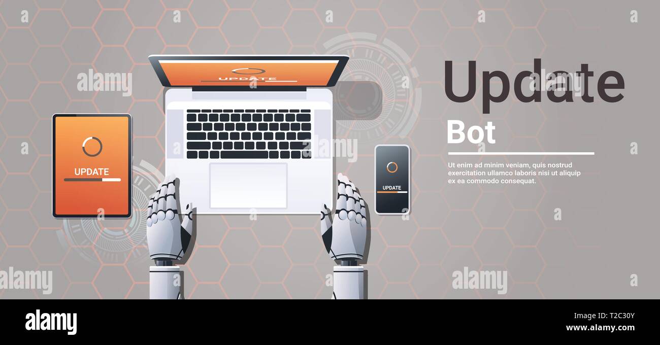 robot updating digital devices software installation new system update ...