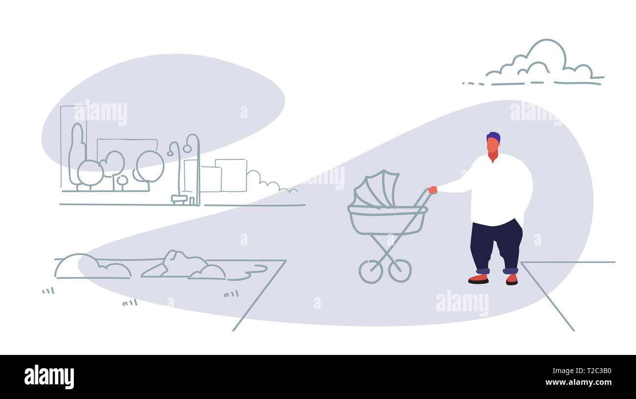 fat obese man with baby in pram walking city urban park happy family ...