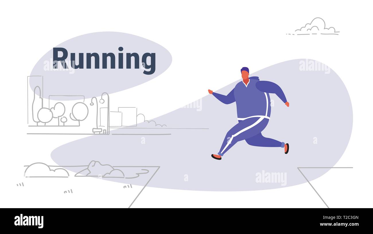 overweight man running outdoor urban park cityscape background weight ...