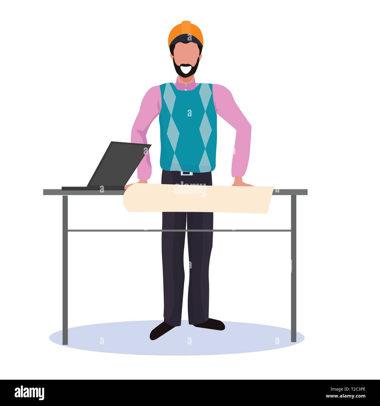 architect in helmet drawing blueprint building plan using laptop ...