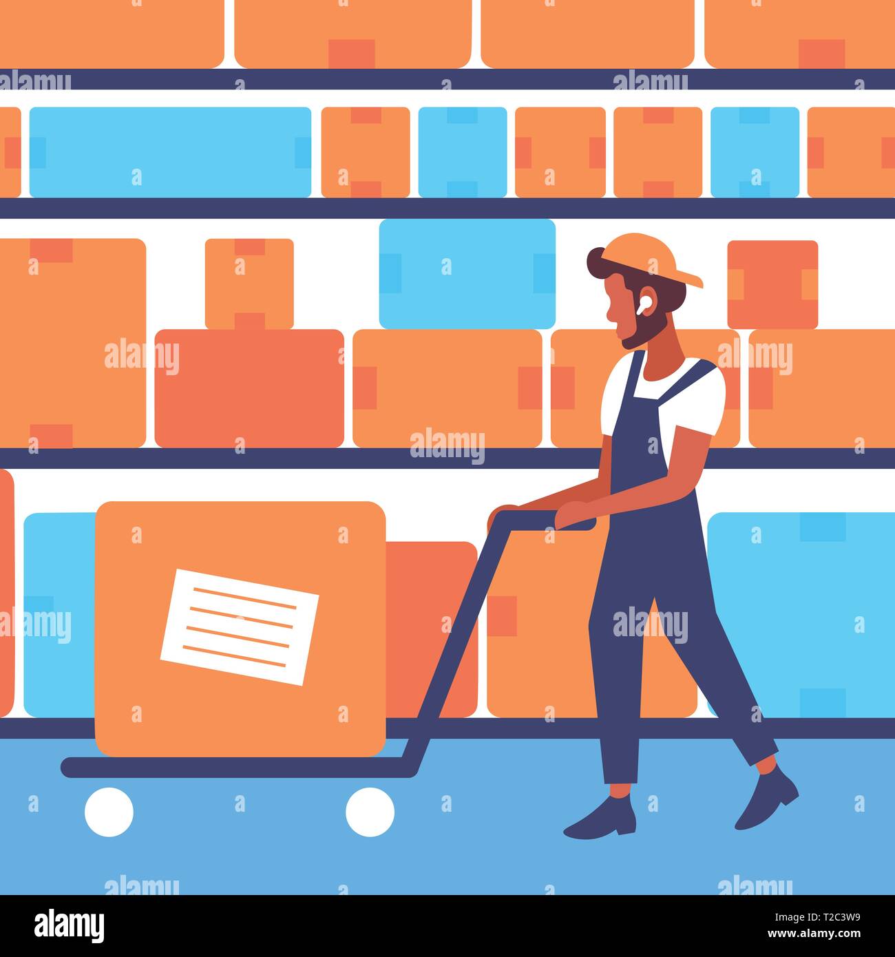 warehouse worker in uniform pulling trolley hand truck with cardboard ...