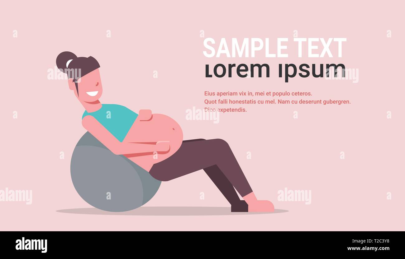Pregnant Woman Sitting On Gymnastic Ball Girl Exercises With Fitball