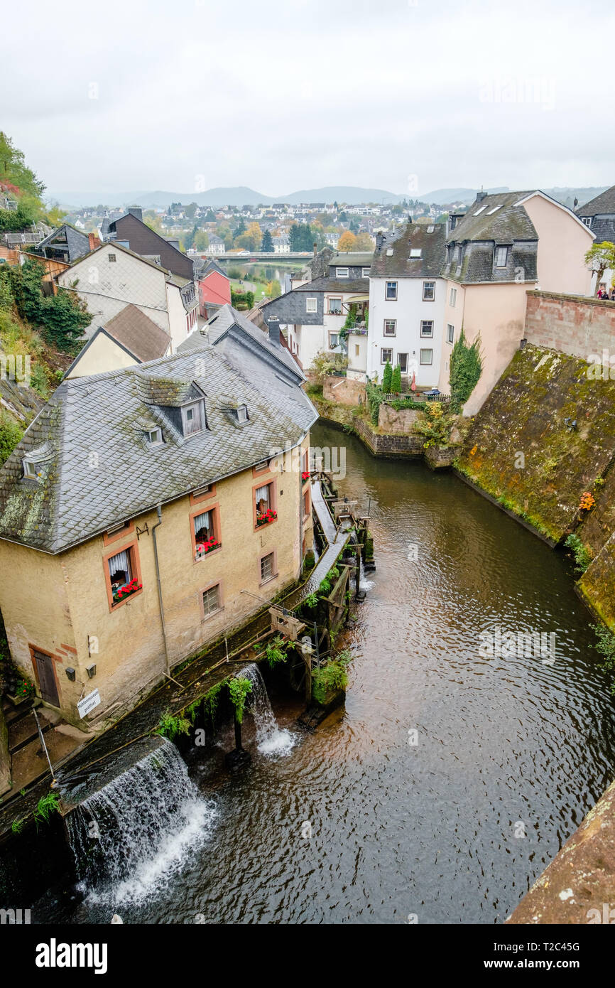 River Saar with waterfall and water mills in the historic town of ...