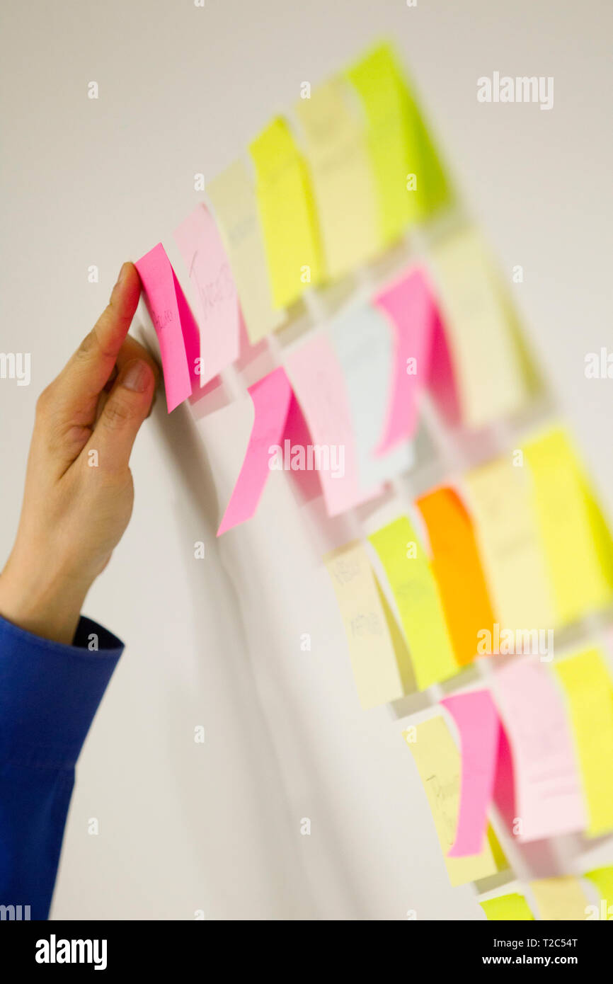 Hand putting Post-It note on wall Stock Photo - Alamy