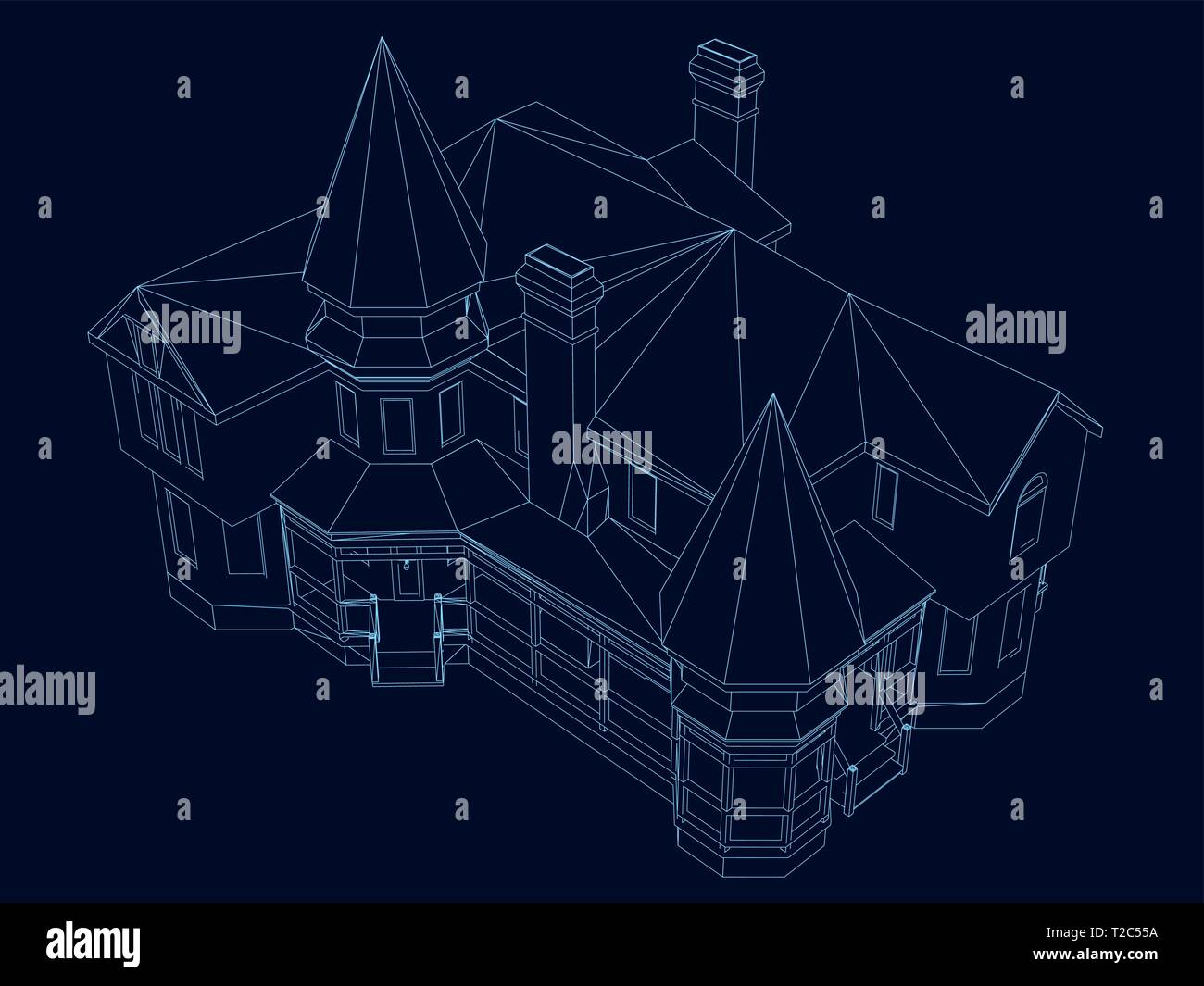 Wireframe of the building of the blue lines on a dark background ...