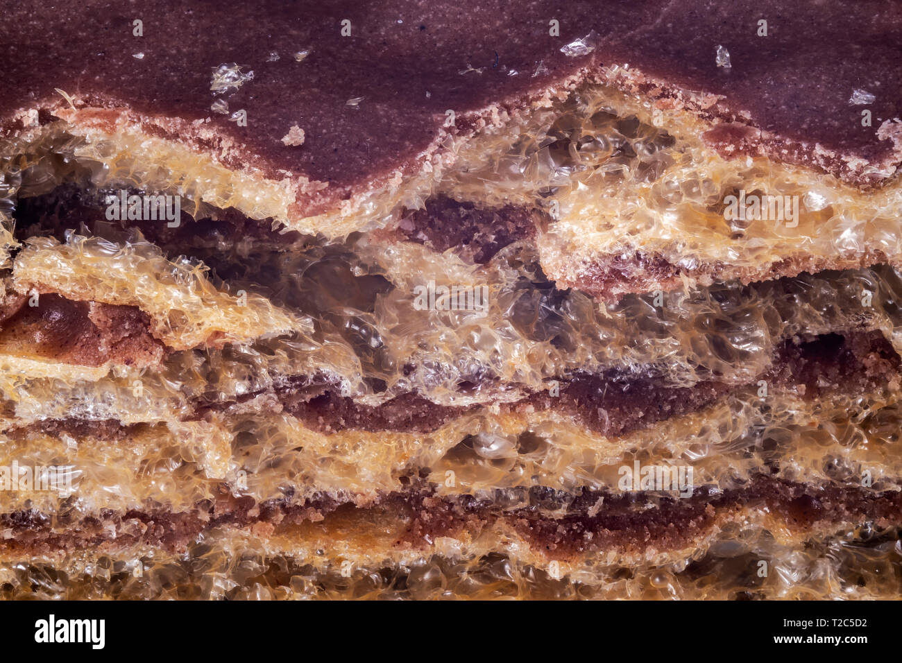 Extreme macro shot of a chocolate coated wafers broken in half showing ...