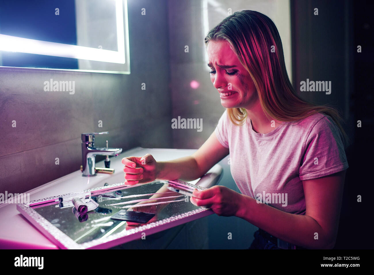 Say no to drug. Drug addict cries on drugs while holding syringe ...