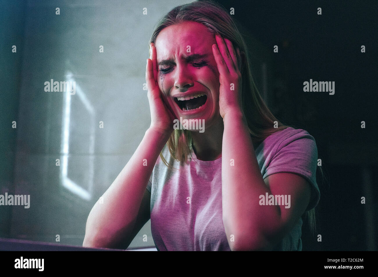 Fight with drug addition. Drug addict holds hands on her hand and is ...