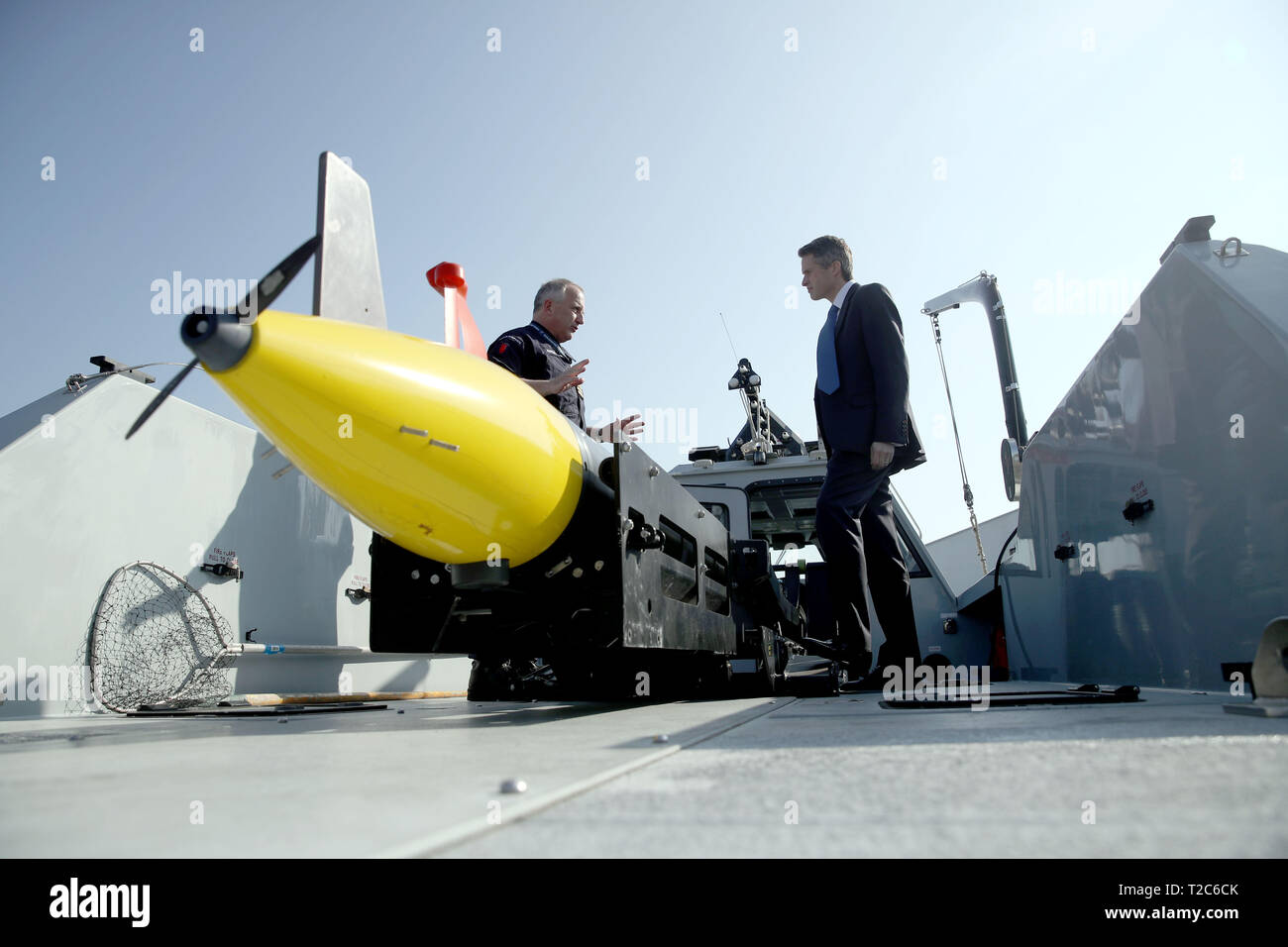 Defence Secretary Gavin Williamson looks at an underwater drone during ...