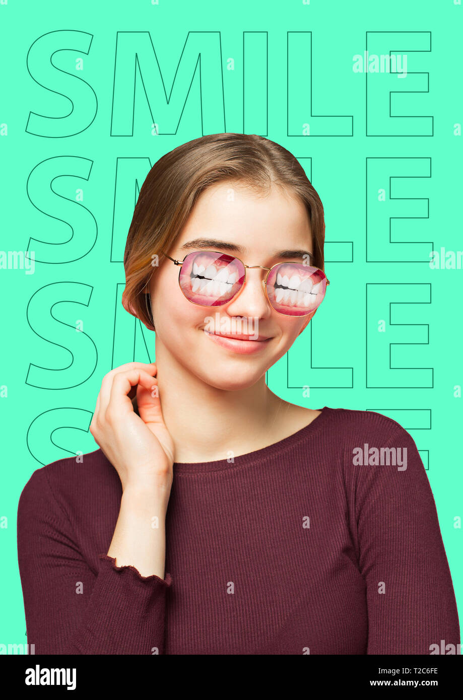 A hard look. What can be hidden in woman's smile. Young girl with white ...