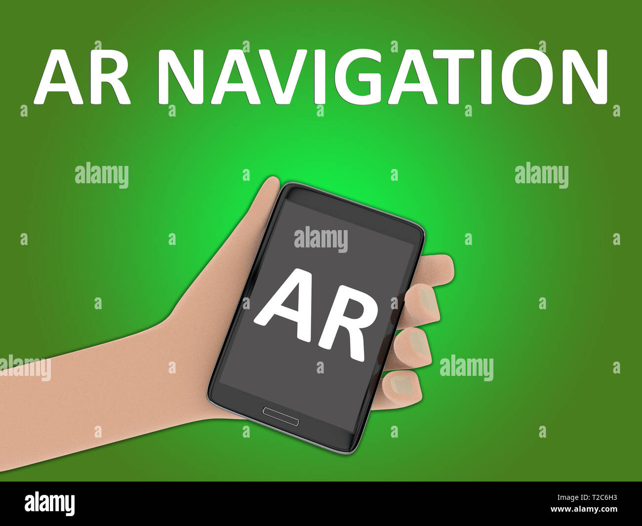 3D illustration of AR script on the screen of a cellulr phone held by ...