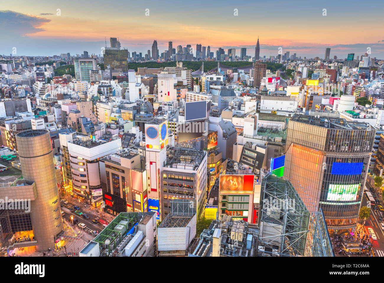 Tokyo, Japan city skyline over Shibuya Ward with the Shinjuku Ward skyline in the distance Stock ...