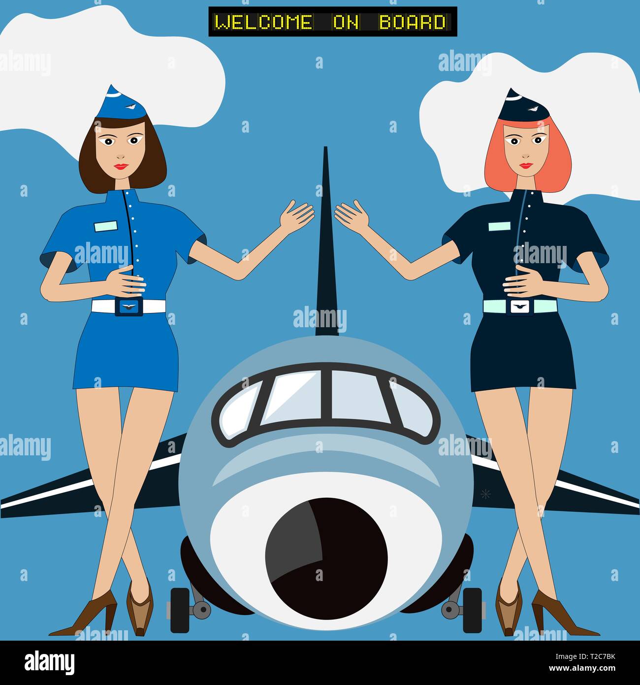 Two air ladies of flight hostess welcomes on boarding in from of big ...