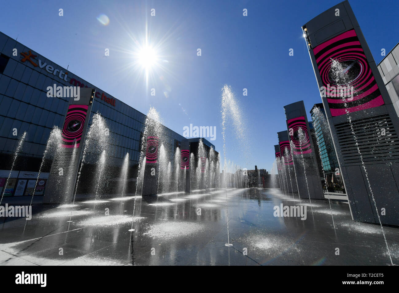 Berlin, Germany. 01st Apr, 2019. On the Mercedes square, the water ...