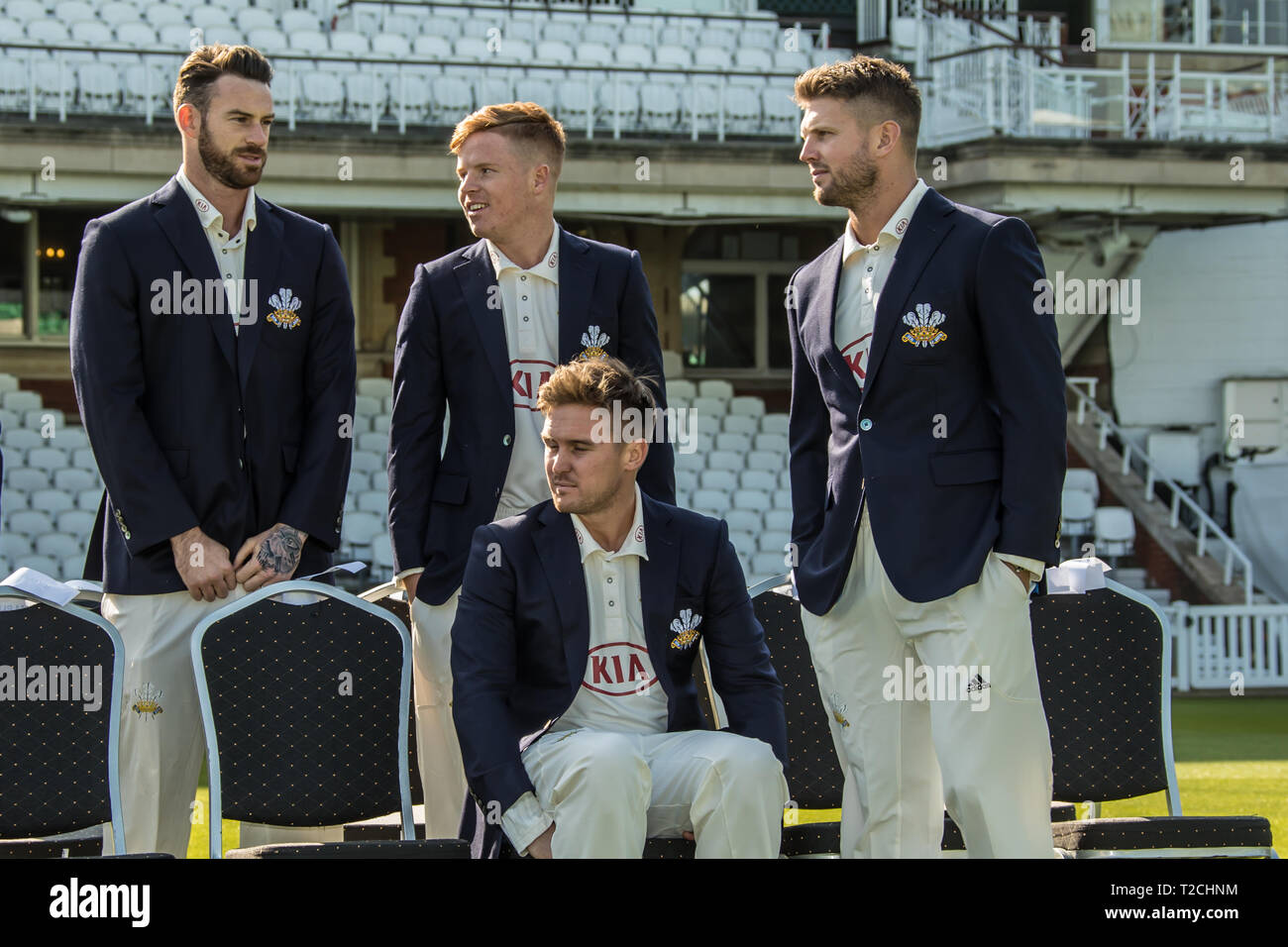 London, UK.1 April, 2019. Jordan Clark, Ollie Pope, Jason Roy (seated ...