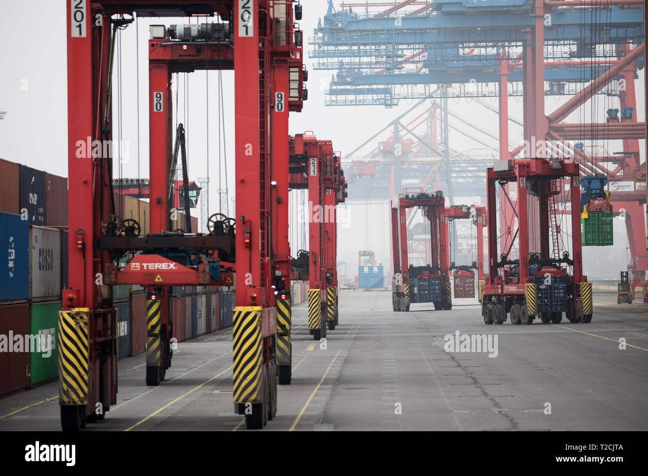 22 March 2019, Hamburg: Van carriers (straddle carriers) are on their ...