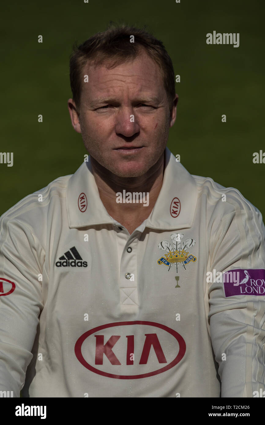 London, UK.1 April, 2019. Gareth Batty poses for the individual head ...