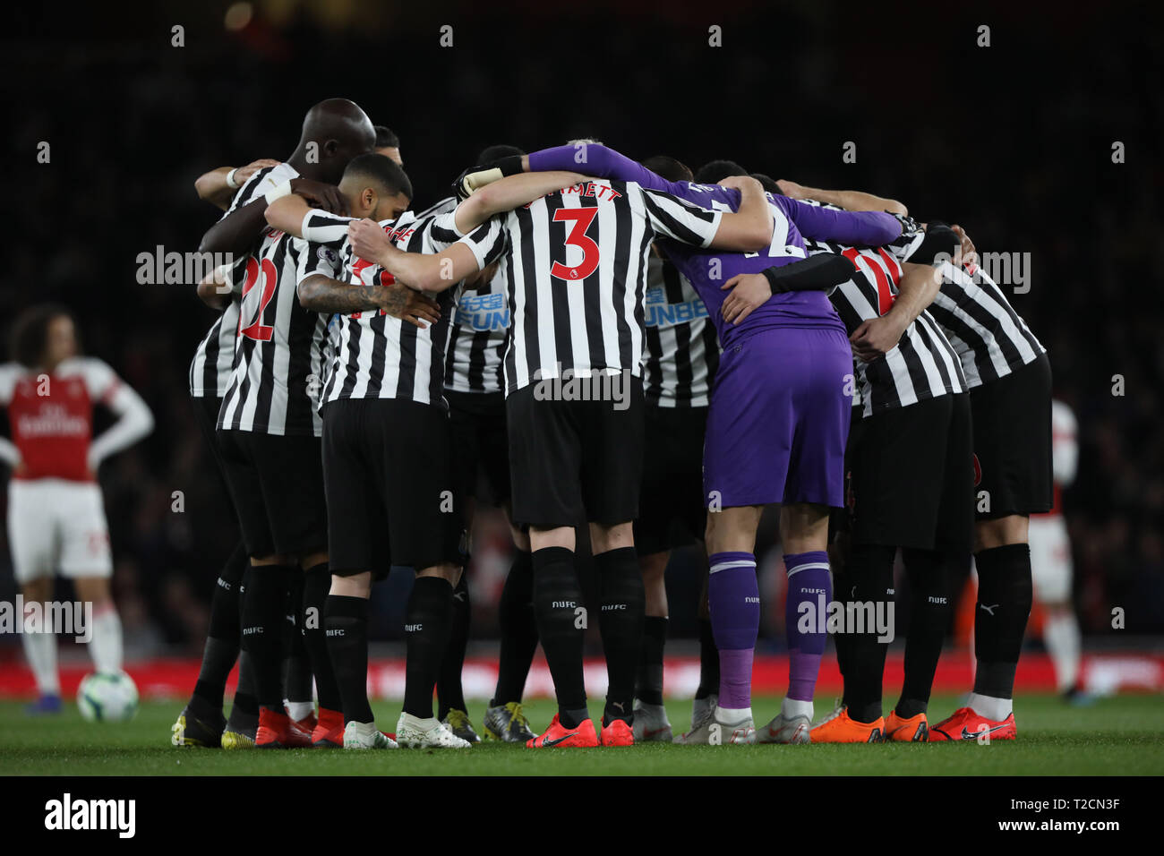 London, UK. 01st Apr, 2019. Newcastle United players in a pre-match ...