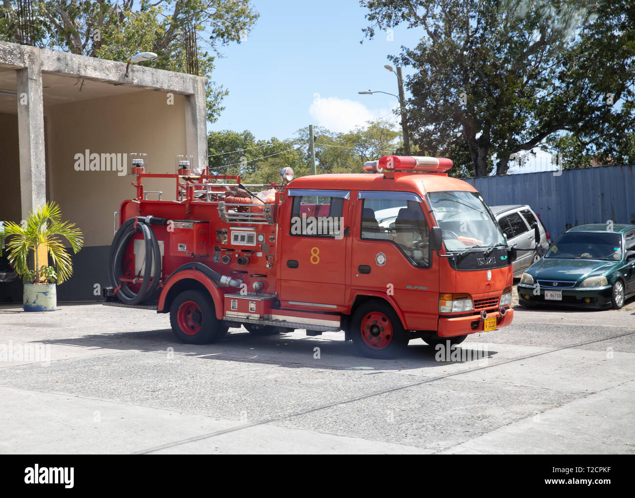 Fire engine parked in Antigua, The Caribbean Stock Photo - Alamy