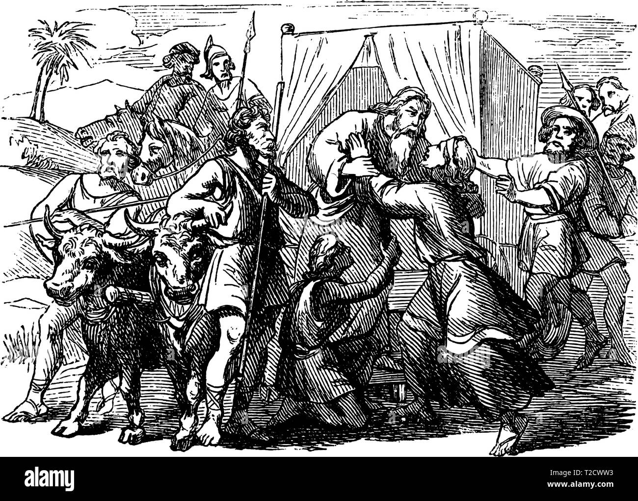 Vintage antique illustration and line drawing or engraving of biblical ...