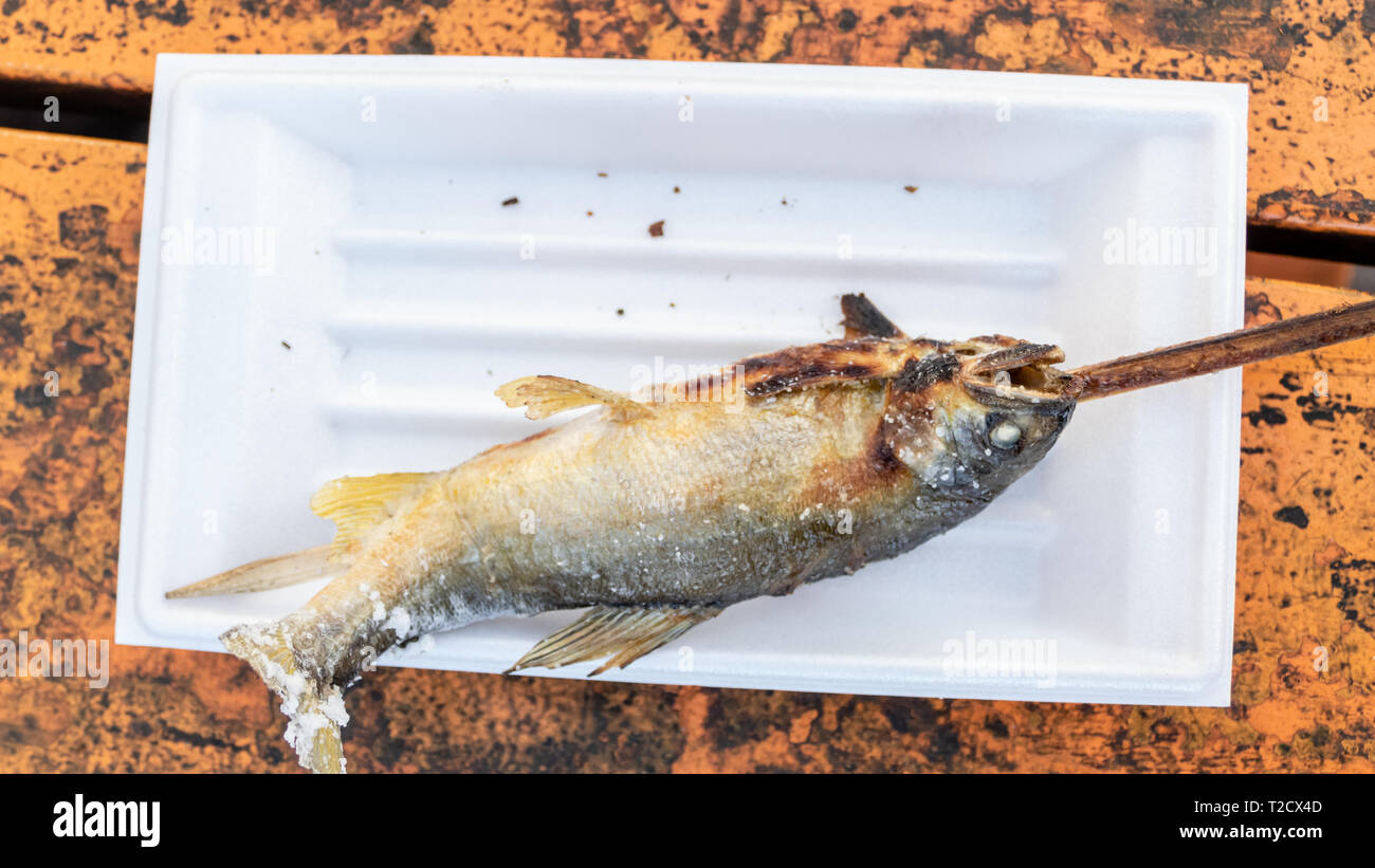 Grilled iwana or yamame fish, grilled next to coals on sticks, a famous ...