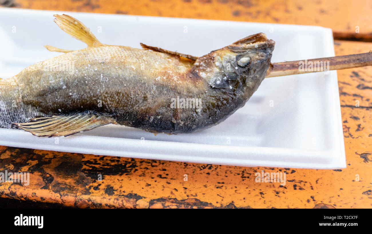 Grilled iwana or yamame fish, grilled next to coals on sticks, a famous ...