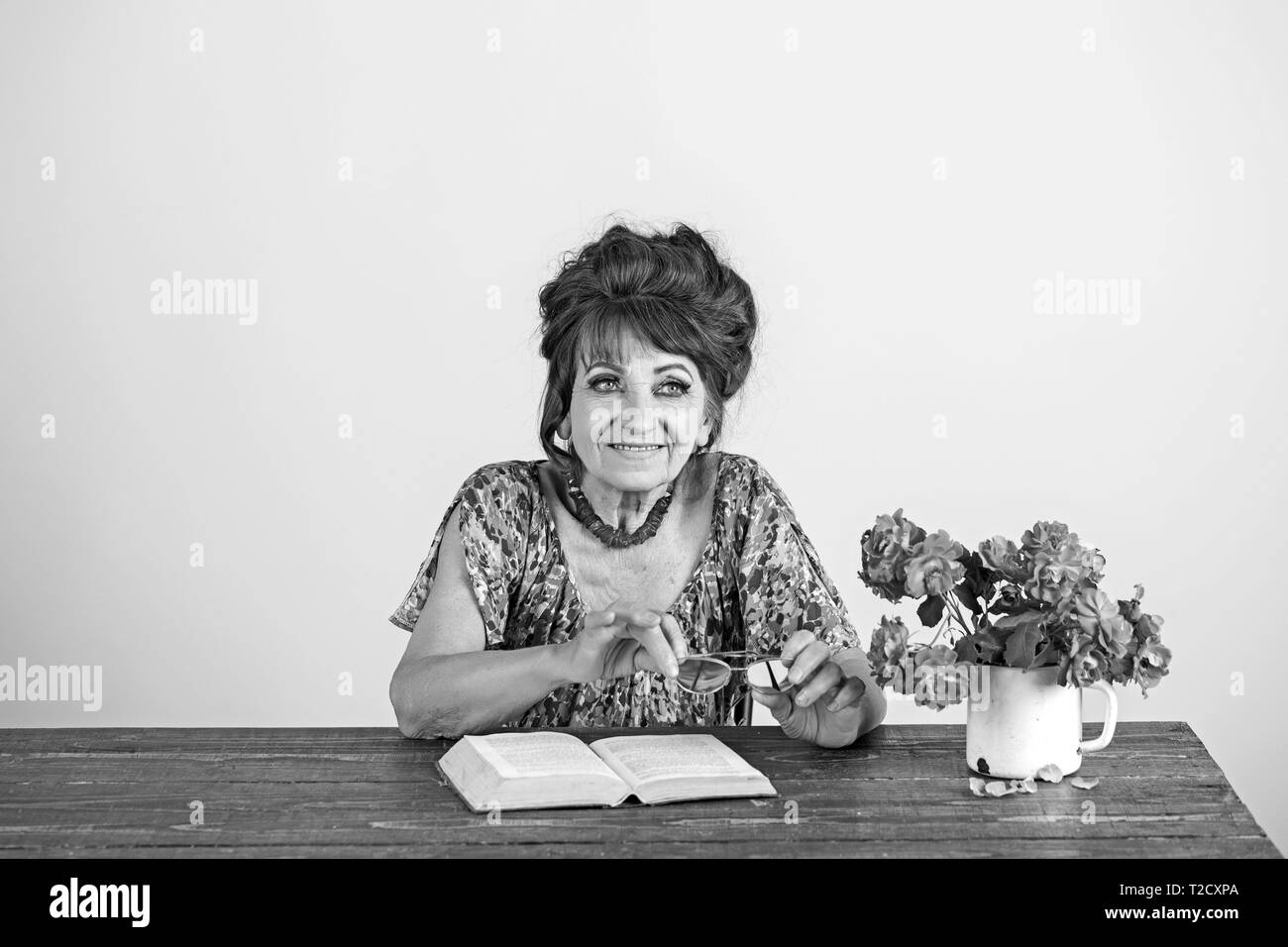 Pension and retirement, old age. Writer and poet, granny read fairytale ...