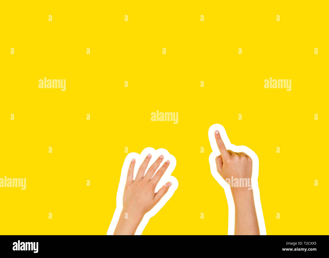 Collage in magazine style and pop art style. Hands pointing a finger on ...