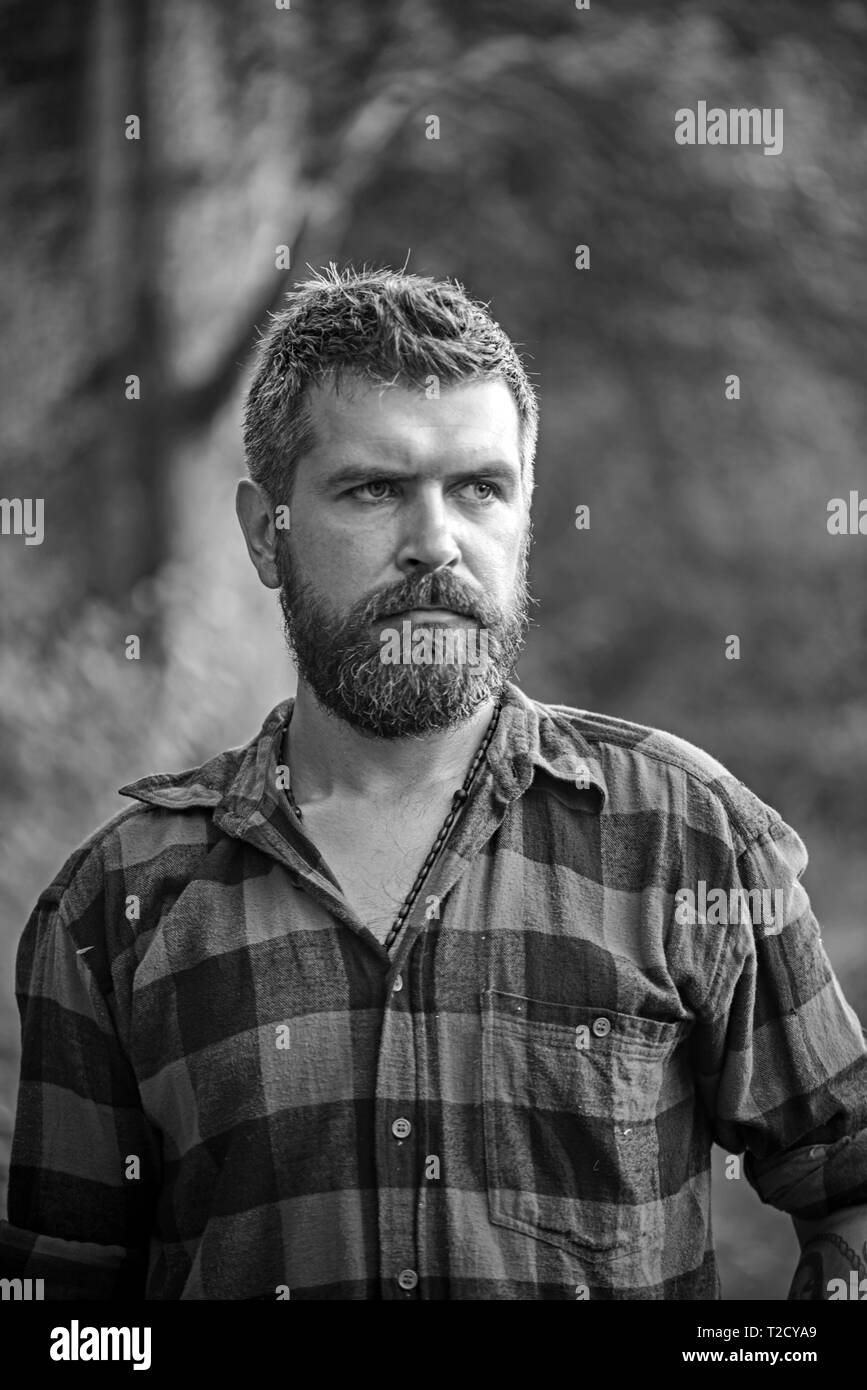 Brutal lumberjack with stylish beard and mustache wandering in ...