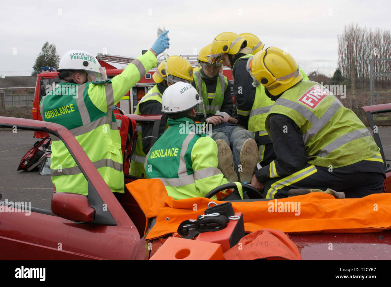 Training exercise of road traffic accident cutting victim out of car ...