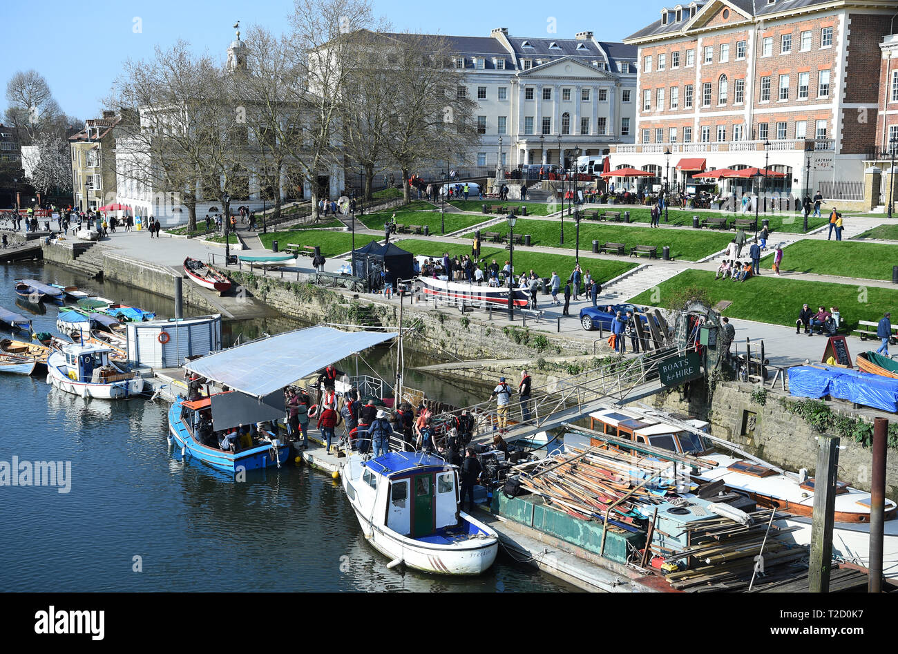 The film crew by the River Thames in Richmond, Surrey, during filming ...