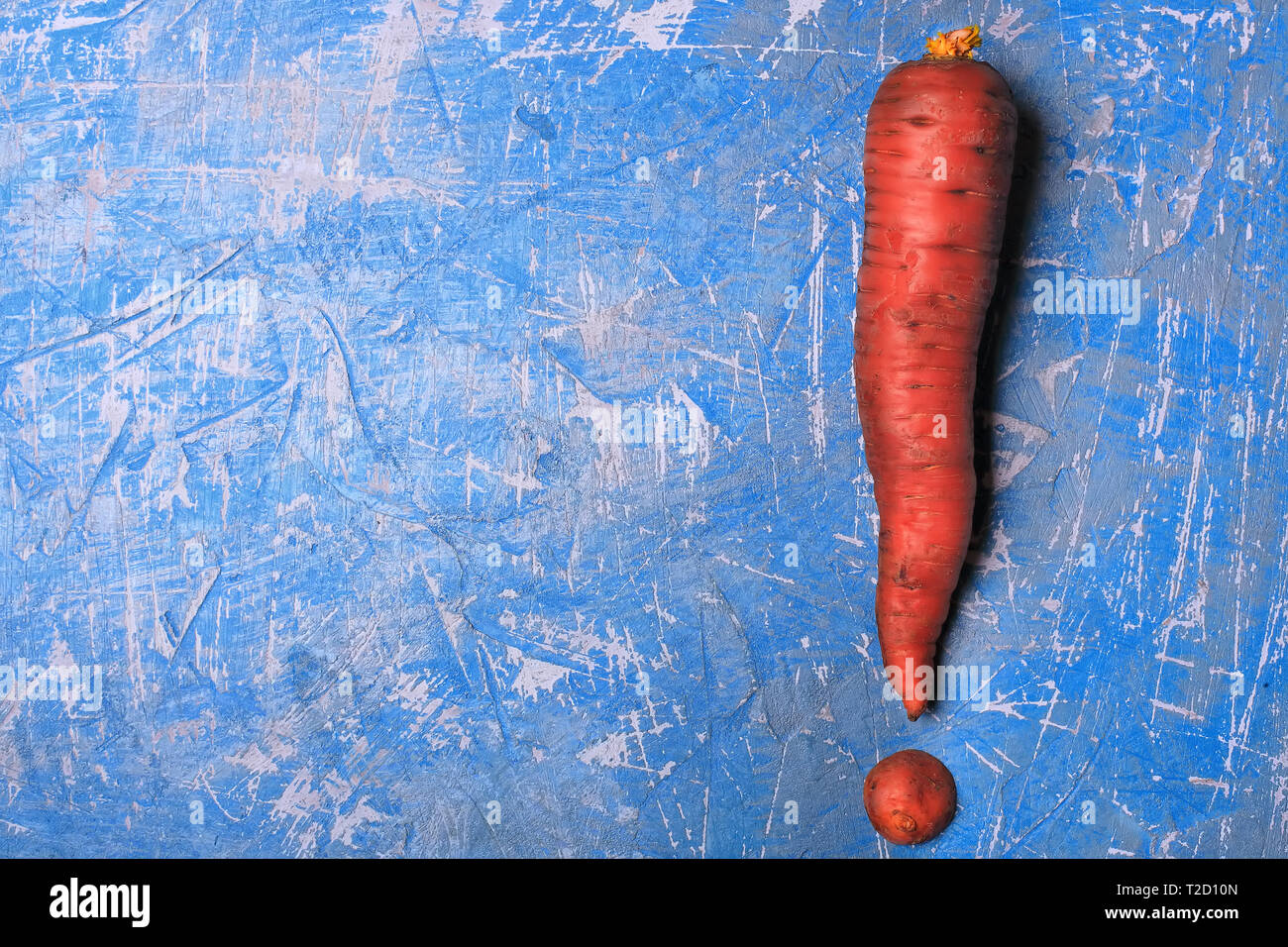 Carrot in the shape of an exclamation mark on a blue textural ...