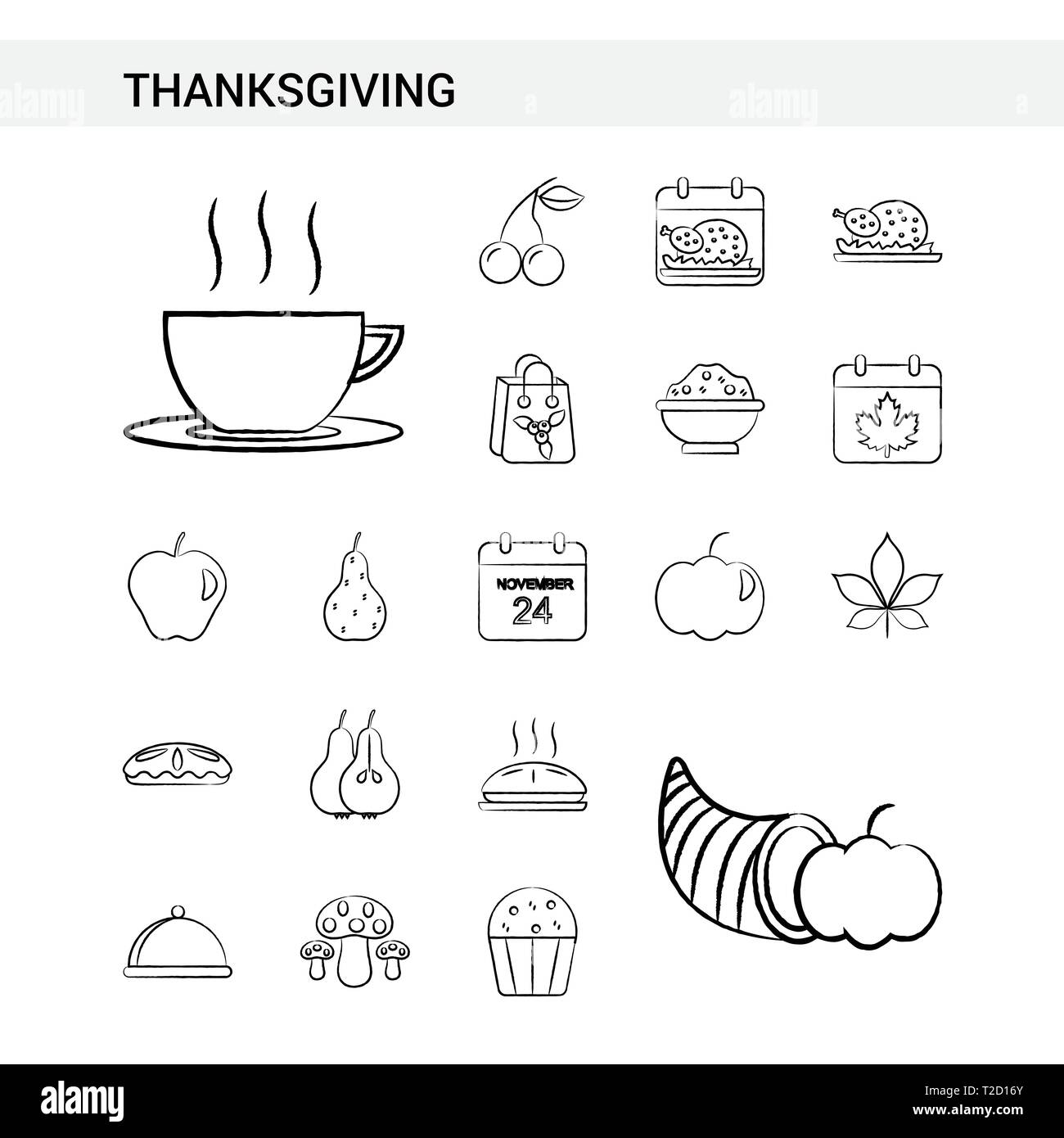 Thanksgiving hand drawn Icon set style, isolated on white background ...