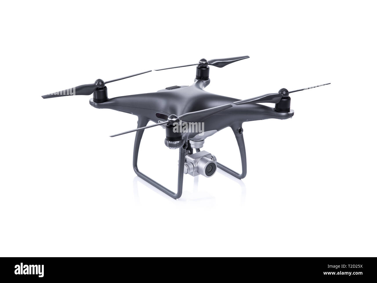 Black drone with camera isolated on white background. Quadcopter for ...