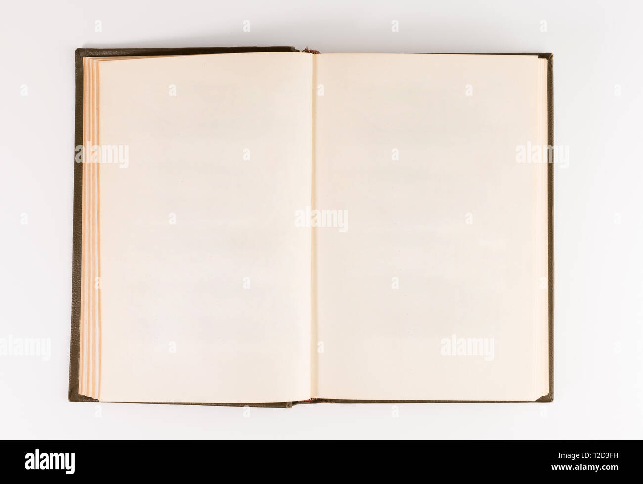 Blank open book isolated, top front view. brown hardcover with black ...