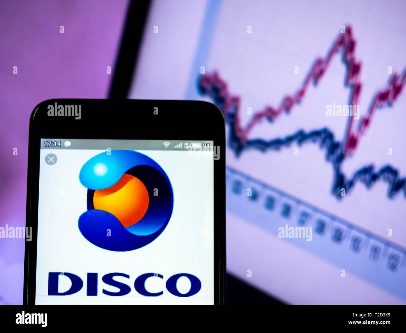 In this photo illustration a DISCO Corporation logo seen displayed on a ...