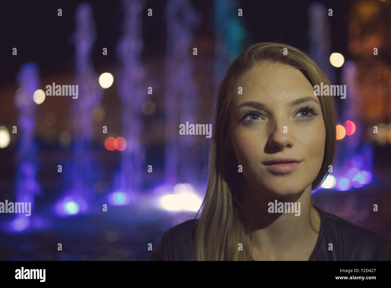 Teen Girl Night Portrait with Illuminated Fountain Stock Photo - Alamy