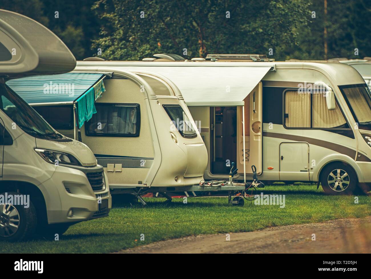 RV Park Camping. Modern Recreational Vehicles on the Campsite ...