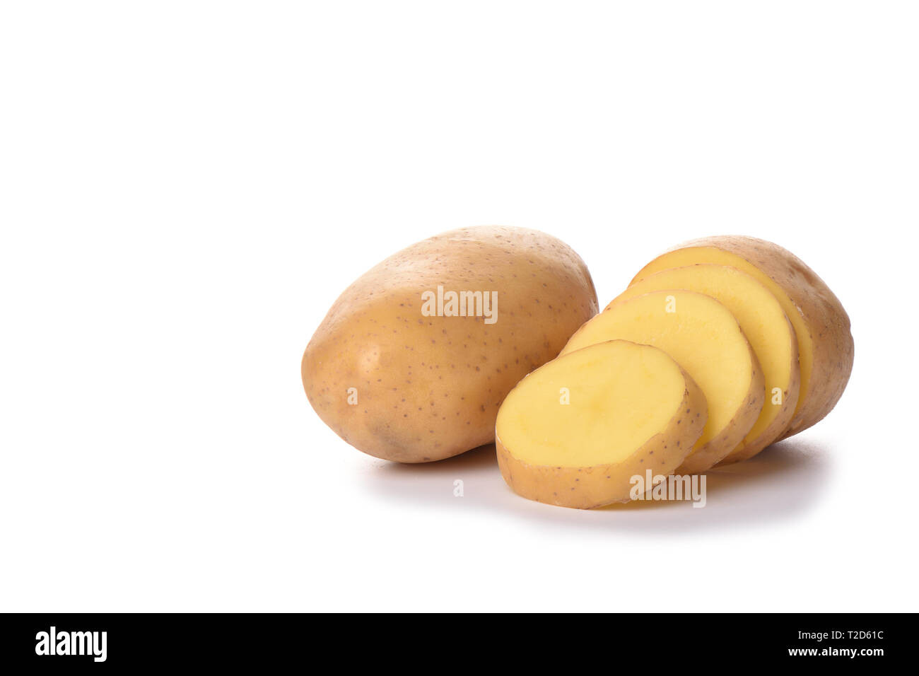 Potato cut slices isolated on white background. Copy space. Close up ...