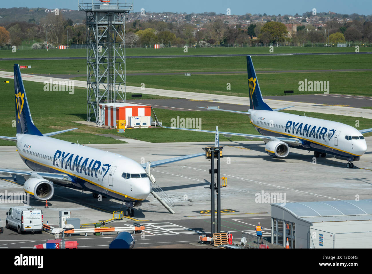 Ryanair jet airliner planes at London Southend Airport, Essex, UK. The ...