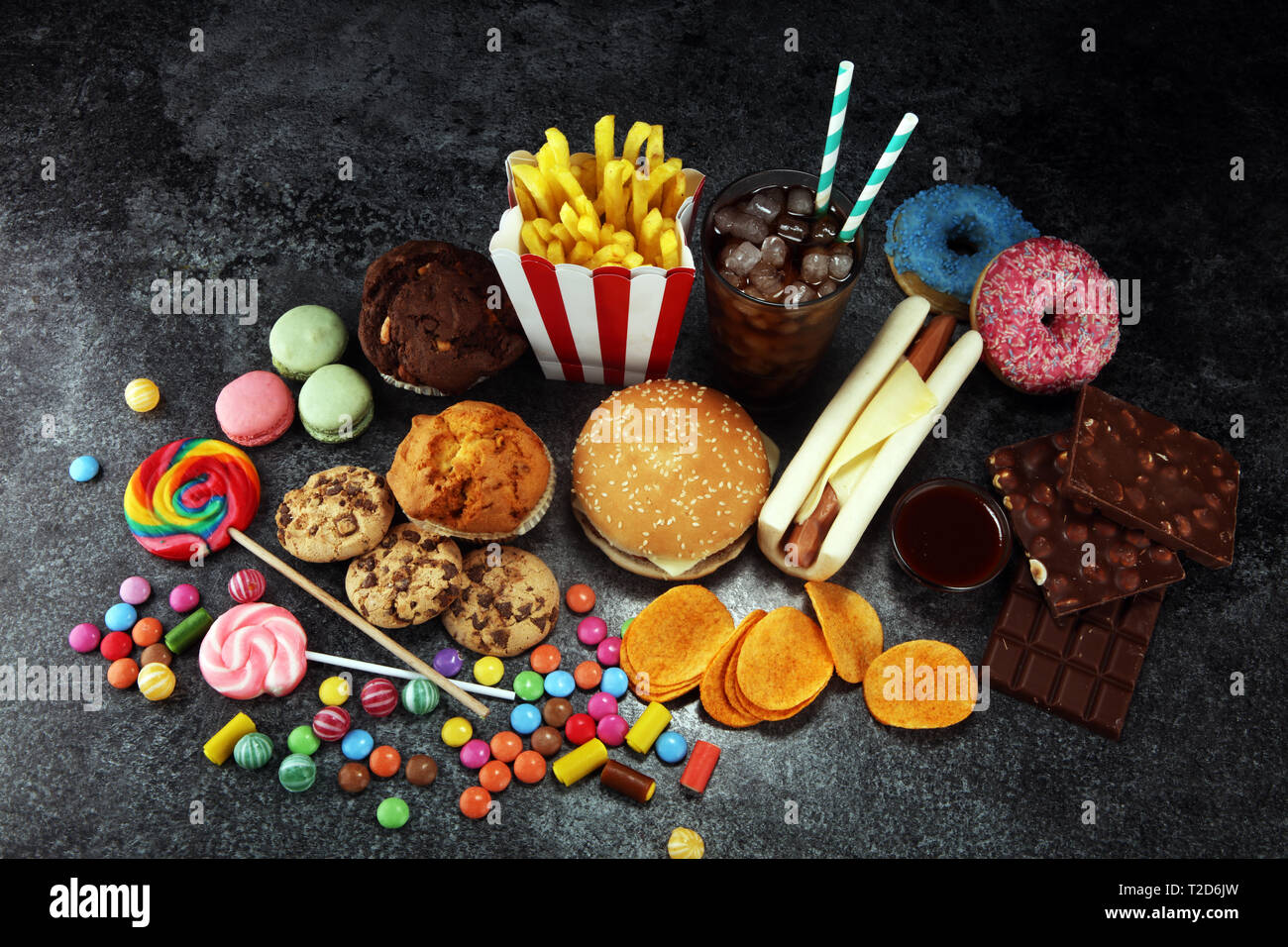 Unhealthy products. food bad for figure, skin, heart and teeth ...