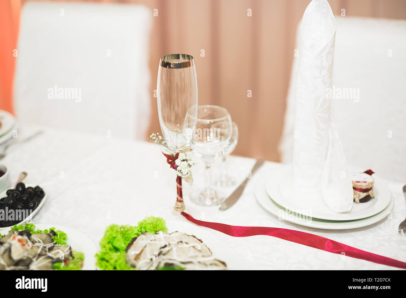 Interior of a restaurant prepared for wedding ceremony Stock Photo - Alamy